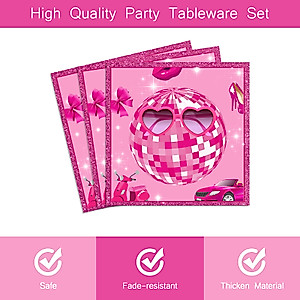 96 Pcs Let's Go Party Pink Plates and Napkins Party Supplies Kids Girls Bachelorette Bridal Shower Hot Pink Princess Happy Birthday Tableware Set Disco Table Decorations Favors Serves 24 Guests