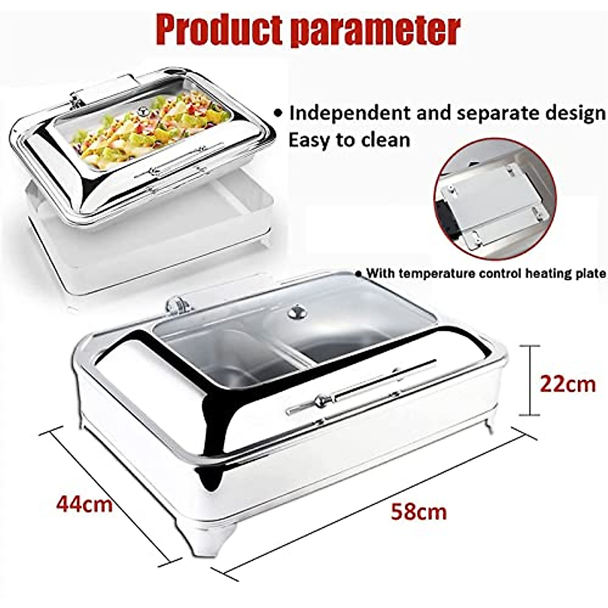 Food Warmers for Parties Buffets Electric, Electric Chafing Dish Buffet Set with Clear Glass Hydraulic Covers, Stainless Steel Buffet Server and Adjustable Temperature Warming Tray 35°c~80°c, 9l(Siz