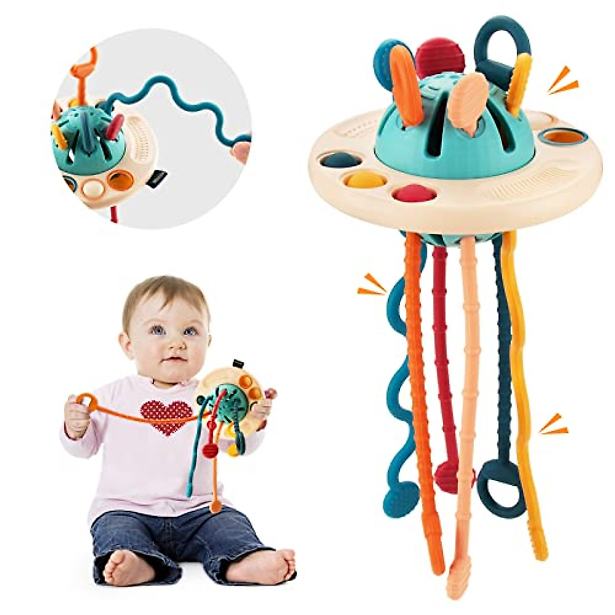 Cawgug UFO Toy, Montessori UFO Silicone Pulling Toy, UFO Silicone Pull String Sensory Toys for Toddler, Travel Toys for Toddlers 1-3, First Birthday Gift for Boys Girls