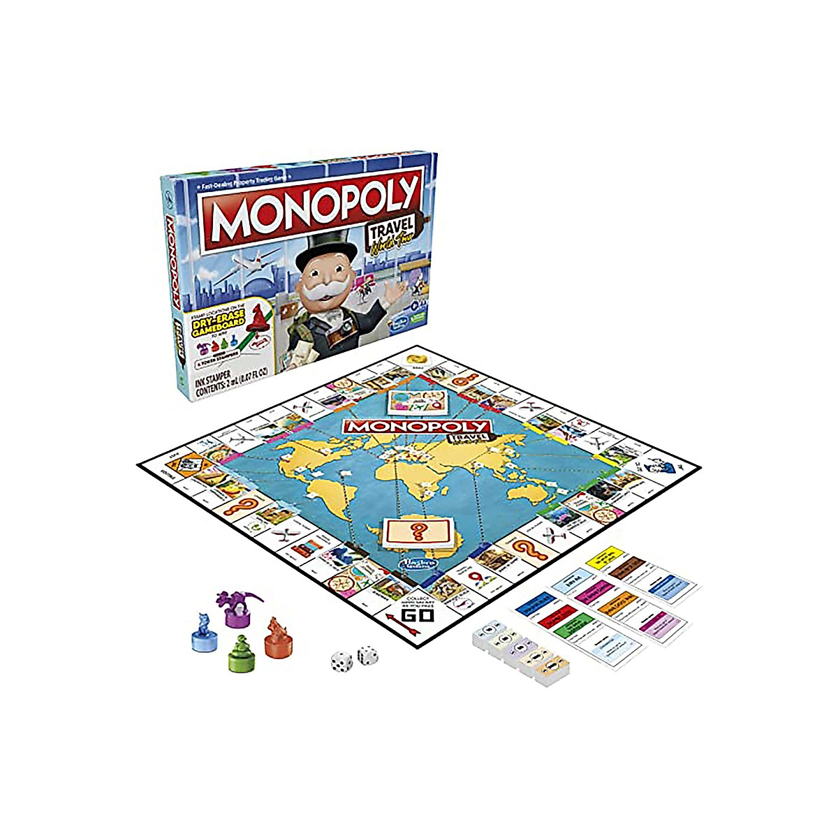 Hasbro Gaming Monopoly World Tour Board Game with Token Stampers and Dry-Erase Gameboard for Family Game Night