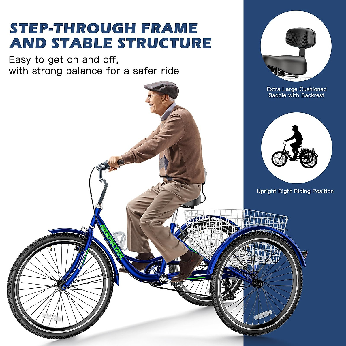 Barbella Adult Tricycle 7 Speed 3 Wheel Bike Adult Trikes, Three-Wheeled Bicycles Cruise Trike with Basket for Seniors, Women, Men for Recreation Shopping (26", Blue)