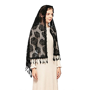 Wgior Rose Rectangular Chapel Veil Scarf Catholic Church Veils Mantilla Wrap Shawl Mass Head Covering (Black)