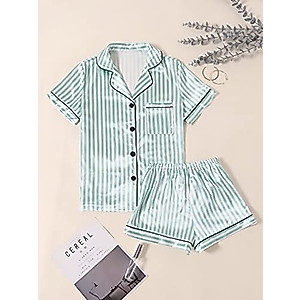 LYANER Women's Striped Silky Satin Pajamas Short Sleeve Top with Shorts Sleepwear PJ Set Light Green Small