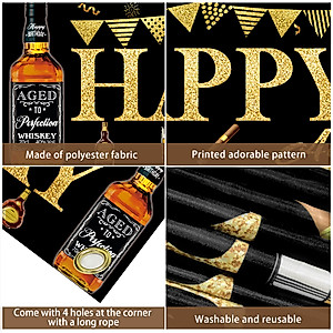 Whiskey Birthday Banner Decorations for Men, Large Black Gold Aged to Perfection Birthday Yard Banner Sign Party Supplies, Whiskey Themed Happy Birthday Photo Booth Props Decor for Indoor Outdoor