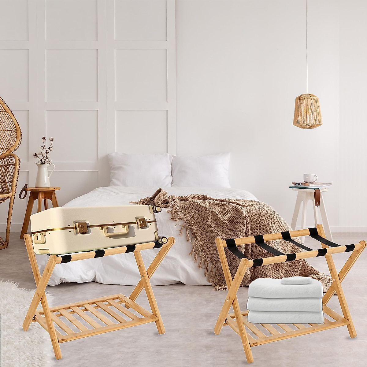 koyasiry Fully Assembled Luggage Rack,2-Packed,Foldable Bamboo Luggage Rack for Guest Room Suitcase Stand with Nylon Straps,Luggage Stand Bamboo Luggage Holder with Shelf for Bedroom,Hotel,No Assembly