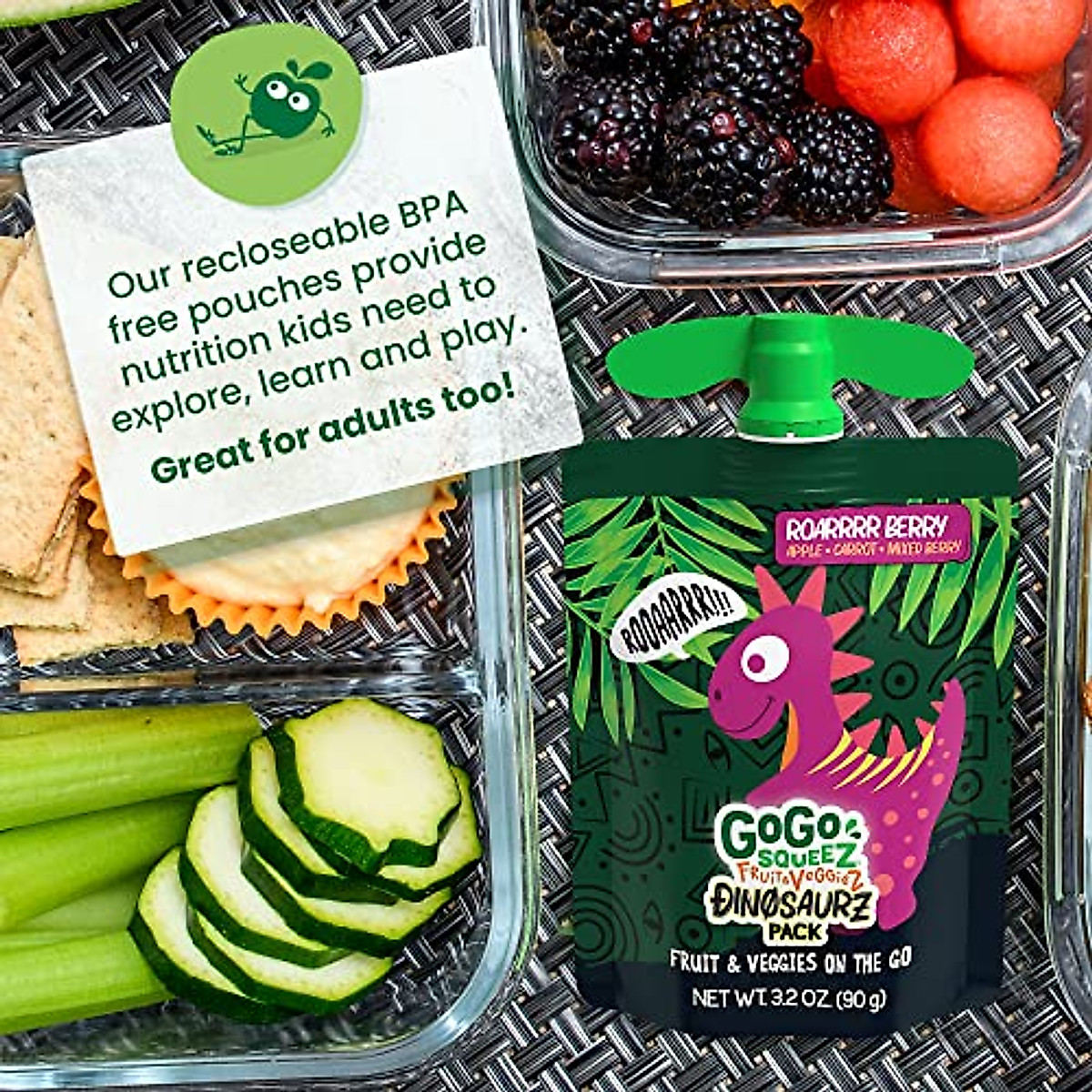 GoGo squeeZ Fruit & veggieZ Variety Pack, Jurassic Pear, Roarrrr Berry & Prehistoric Peach, 3.2 oz (Pack of 20), Unsweetened Snacks for Kids, No Gluten, Nut & Dairy, Recloseable Cap, BPA Free Pouches