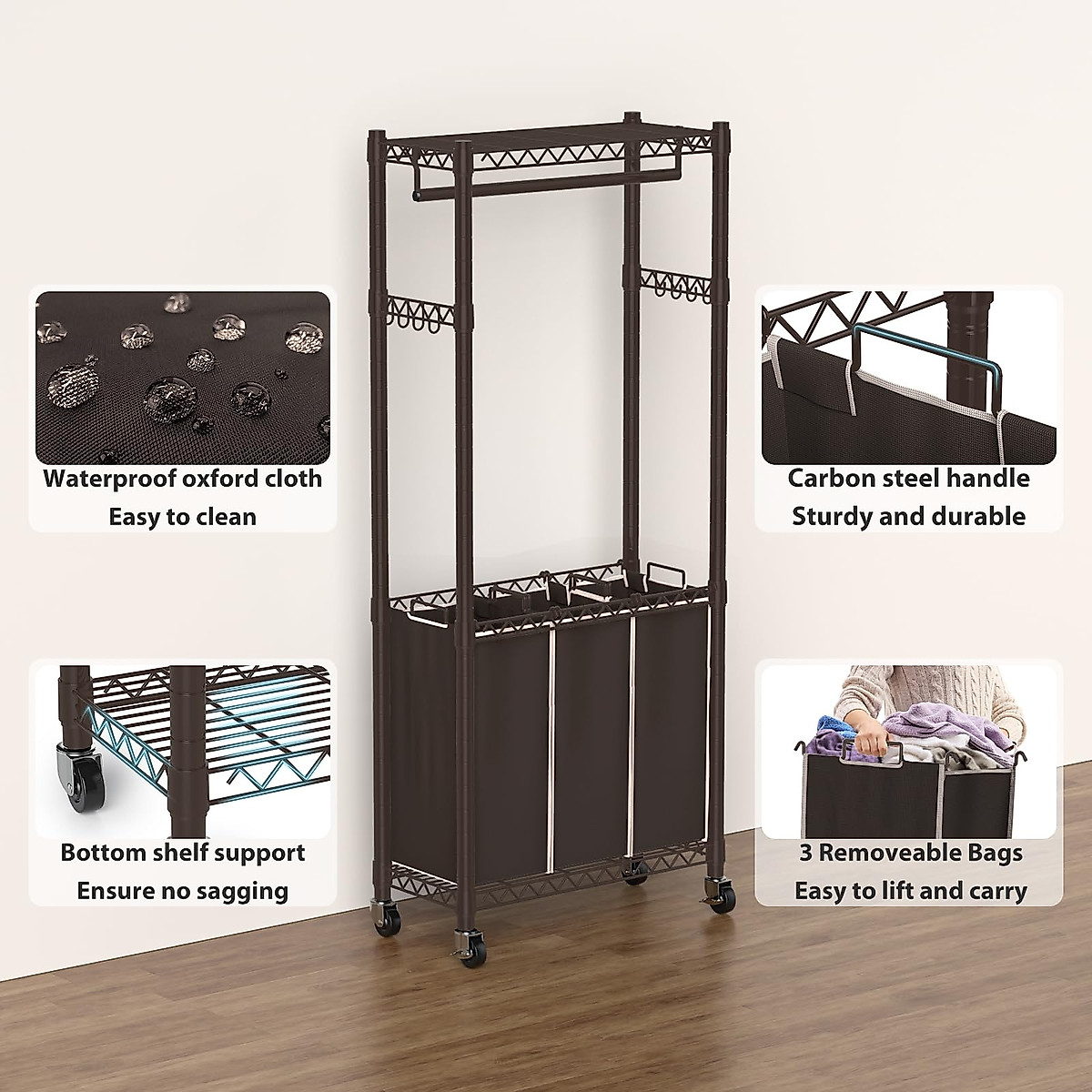 Hodonas Laundry Sorter 3 Section with Hanging Bar, Rolling Laundry Hamper Cart 3-Bag Laundry Basket Organizer Sorter with Hanging Rack Lockable Wheels and Removable Bags for Clothes Storage, Espresso