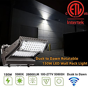 Dusk to Dawn 150W Rotatable LED Wall Pack Light, 5000K 20000LM 800-1000W HPS/HID Equiv, ETL Adjustable Head Outdoor LED Wallpack Lighting Fixture for Area Light, Parking, Garages,Warehouse,Entrance