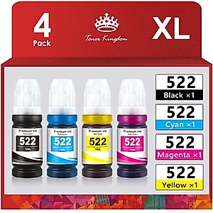 Toner Kingdom Compatible 522 Ink Bottle Refill High Capacity T522 Refill Ink Bottle for ET-2720 ET-4700 Printer (4 Pack, Black, Cyan, Magenta, Yellow)