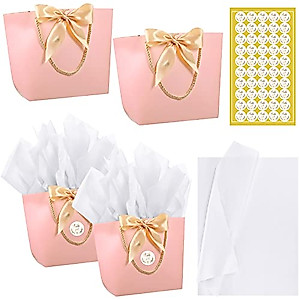 16 Thank You Gift Bags with Bows Ribbons, 11 x 7.9 x 3.5 Inch Paper Party Favor Bags with 50 Thank You Stickers and 16 Tissue Papers for Christmas Birthday Wedding Bridesmaid Holiday (Pink Bag)