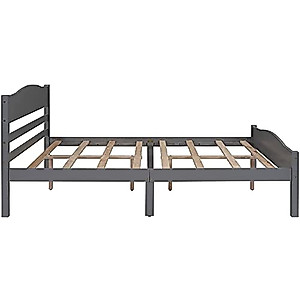 STP-Y Full Size Platform Bed, Rockjame Wood Bed Frame with Horizontal Strip Hollow Shape Headboard, Footboard and Center Support Feet, Perfect for Kids, Teens and Adults (Gray)