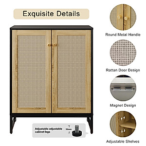 Kopuity Sideboard Buffet Cabinet, Storage Cabinet with Double Rattan Doors, Modern Rattan Sideboard Cabinet, Kitchen Storage Cabinet with Metal Feet, for Entryway, Bedroom, Living Room (Black)
