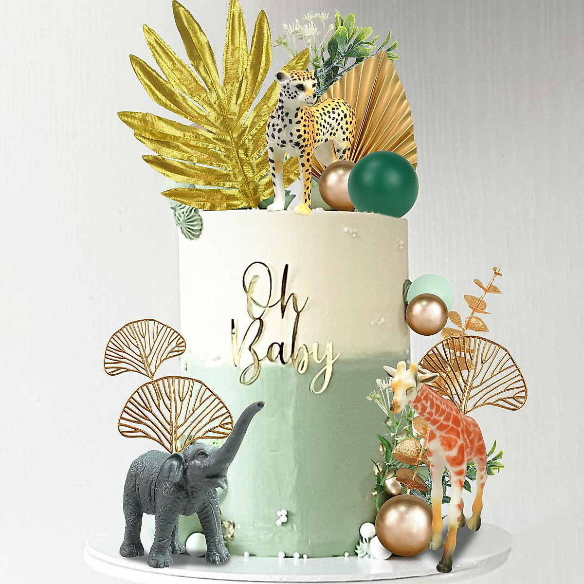 26 PCS Jungle Animal Cake Toppers Safari Animals Figure Toys Gold Palms Picks Jungle Wild One Animals Cake Decorations for Baby Shower Safari Party Holiday Party (style 1)