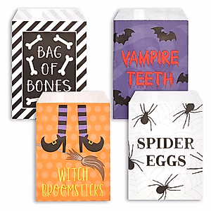 BLUE PANDA 100 Pack Halloween Paper Bags, Small Paper Halloween Treat Bags, Bulk Goody Bags for Candy, and Favors, 4 Designs, Vampire Teeth, Witch Broomsticks, Bag of Bones, Spider Eggs (8 x 5 In)