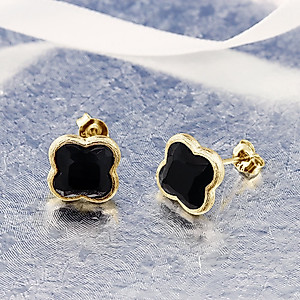 Gem Stone King 18K Yellow Gold Plated Silver Flower Shape Clover Designs Black Onyx Diamond Cut Stud Earrings For Women