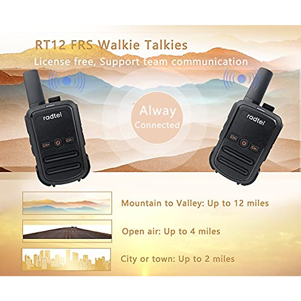 Radtel RT12 Walkie Talkies for Adults Rechargeable 2 Pack, Long Range Handheld FRS Two Way Radio 16CH Handsfree VOX for Camping Hiking (Black)