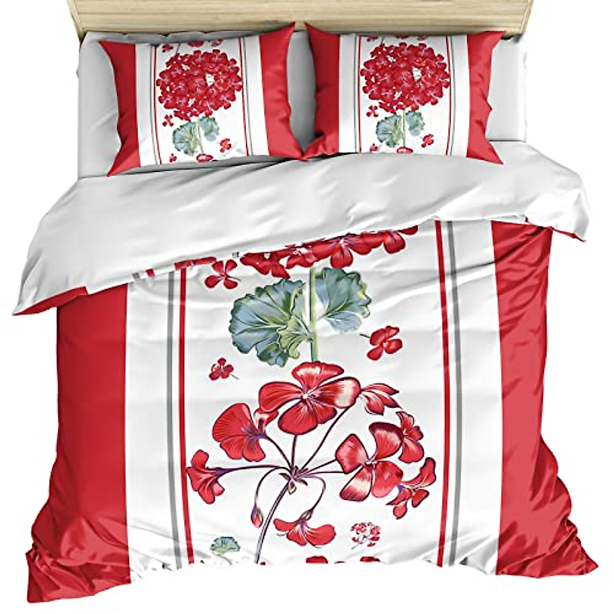 Dinhomela California King Bedding Set 3 Piece Abstract Red Floral Comforter Cover Set, Soft Bedding Set for Baby Girl Boy All Season Duvet Cover with Pillow Shams Spring Summer Flowers Botanical