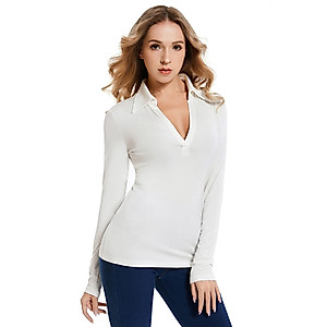 AmélieBoutik Women Collar V Neck Long Sleeve Polo Shirt (Ivory White Medium)