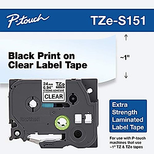 Brother Extra Strength Tape, Laminated Black on Clear, 24mm (Tzes151) - Retail Packaging