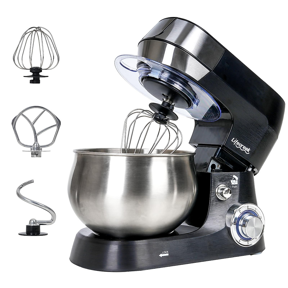 Lifecreek Stand Mixer, 5.3Qt 660W, 6-Speed Tilt-head Food Mixer, Electric Kitchen Portable Lightweight Mixer with Stainless Steel Bowl, Dough Hook, Whisk, Beater(Black)