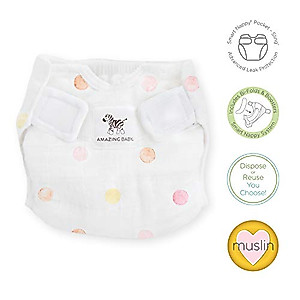 Amazing Baby Cotton Muslin SmartNappy Hybrid Cloth Diaper Cover + 1 Bi-fold Reusable Insert + 1 Booster, Mini Watercolor Dots, Multi Pink, Size 1, 5-10 lbs