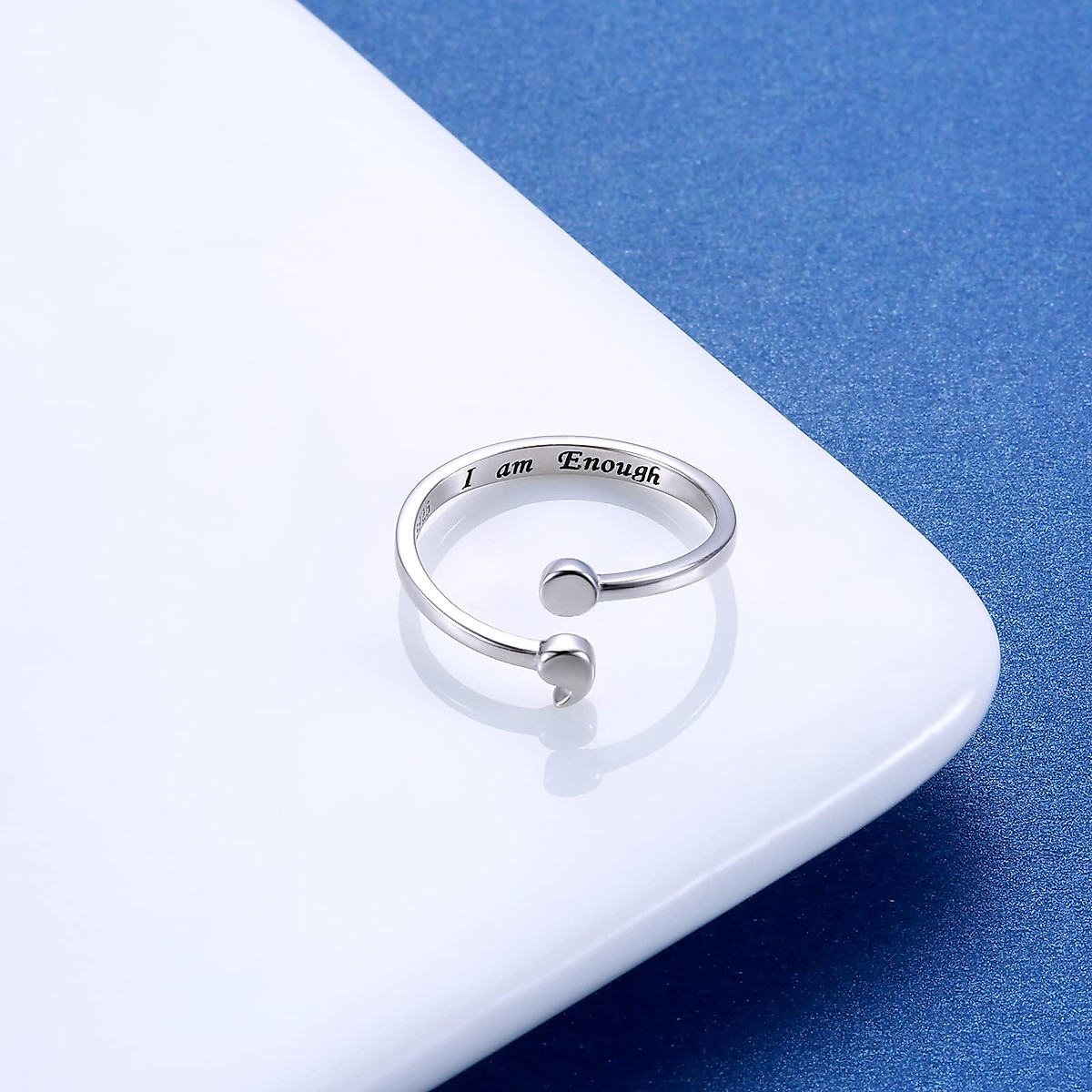 MANBU Sterling Silver Semicolon Ring for Women: I am Enough Keep Going Ring Engraved Inspirational Message Supporting Jewelry Gifts for Daughter Sister (I am enough)