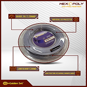 Golden Set Hex Poly 16L (1.28mm), Reel (660ft/200m), Polyester Tennis String (Silver)