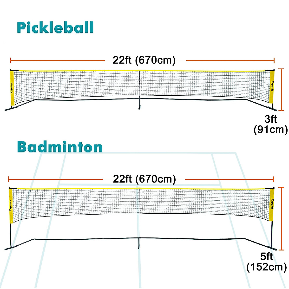 Ksports Regulation 22 feet Pickleball Net Bundle, can be Used as Recreation Tennis or Badminton Net Blue, Comprises of One Net, 4 LED Shuttlecocks, Carry Bag and 2 Pickleballs (Yellow)
