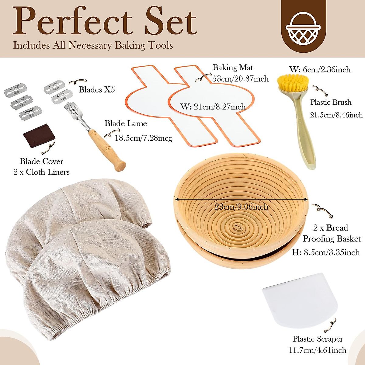 Thyle 2 Pack 9 Inch Banneton Bread Proofing Basket Set Round Rattan Sourdough Bread Baking Supplies with Liner Silicone Bread Sling Bread Making Supplies Tools Scraper Kit Bread Lame with Blades Brush