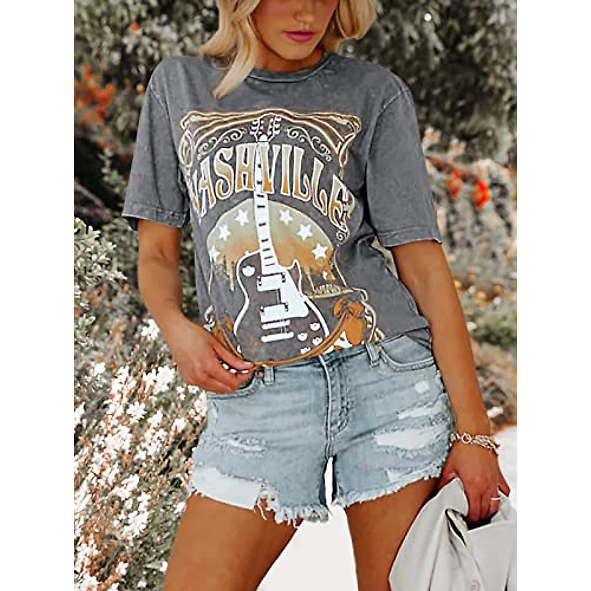 Binshre Womens Nashville Shirts Country Music Concert Tshirts Distressed Graphic Short Sleeve Tees for Women Grey L