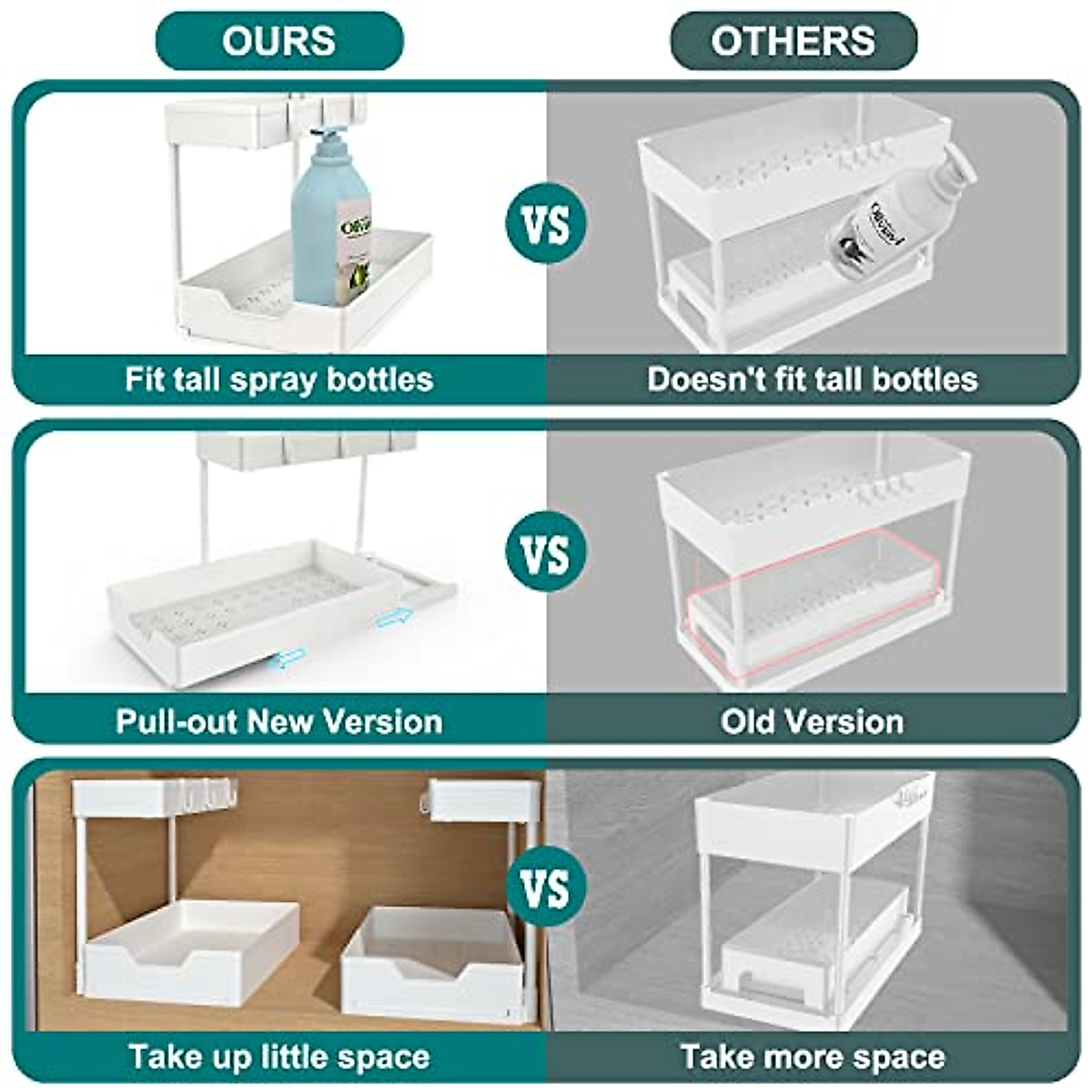 IRONBOX Under Sink Organizer, 2 Pack Pull Out Cabinet Organizer 2-Tier Slide Out Sliding Shelf Under Cabinet Storage for Bathroom Kitchen Sink Organizers and Storage (White-2 Pack)