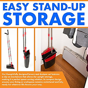 Hub City Industry Heavy Duty Broom and Dustpan Combo Set with Commercial Long Handle for Lobby, Home, Office, Cleaning Supplies, Upright Grips Sweep Set with Broom for Floor Cleaning, Red/Black