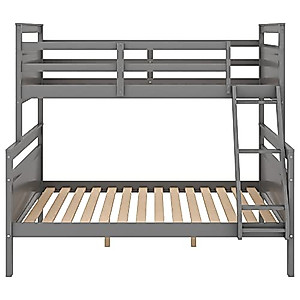Ochangqi Twin Over Full Bunk Bed Frame with Ladder, Solid Wood Bunk Beds Loft Bed Frame Twin Over Full Size with Guardrail, Can Be Separated Into Twin/Full Size Bed, No Box Spring Needed (Gray)