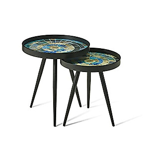Glitzhome S/2 Modern Nesting End Table Set - Round Sofa Side Tables Living Room Accent Table Nesting Lamp Table with Mosaic Pattern Tray Top