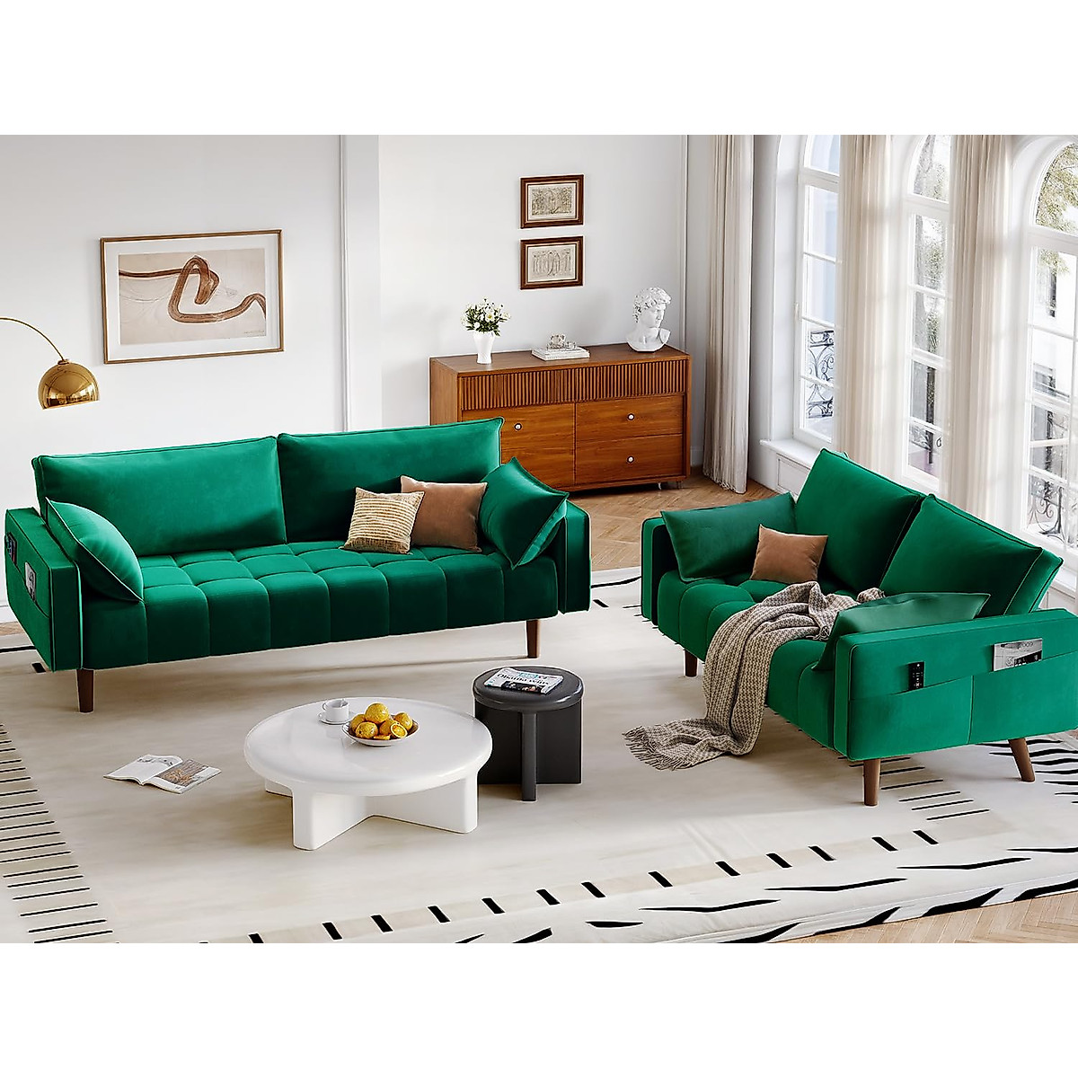 DWVO 70" Loveseat Sofa, Velvet Fabric Sofa Couch for Small Space, Modern Loveseat with Button Tufted Seat and Side Storage Pockect, 3 Seater Couch for Living Room Bedroom, 2 Pillows Included, Green