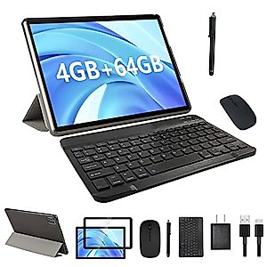 NOVOJOY Tablet 10.1 Inch Android 11 OS, 2 in 1 Tablets, 64GB ROM+4GB RAM, 8MP Camera, Quad Core Processor, 6000mAh Battery, 1280 * 800 FHD, Include Keyboard, Mouse, Case, Stylus, Tempered Film