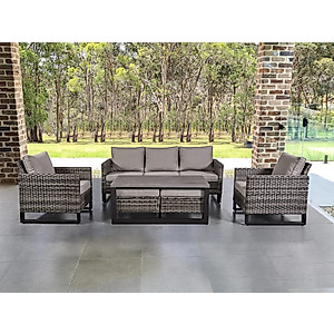 HUMMUH 6 Piece Patio Furniture All Weater Wicker Outdoor Sectional Sofa,High Back Patio Chairs,Coffee Table and Ottomans Set for Porch,Garden,Backyard