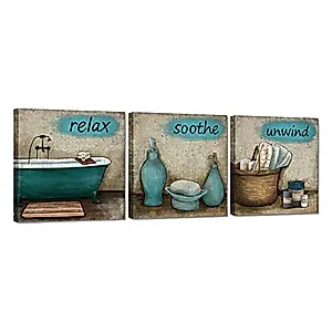 iHAPPYWALL 3 Pieces Bathroom Canvas Wall Art Teal Style Bathtub Bath Set Towel Relax Soothe Unwind Bathroom Still Life Picture Poster Print On Canvas Stretched and Framed Ready To Hang