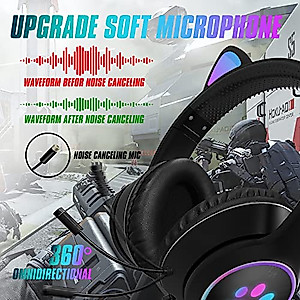 MIDOLA Gaming Wired AUX 3.5mm Cat Ear Headphone Over Ear LED Light Fit Adult & Kids Girl Boy Foldable Stereo Headset Earmuffs with Mic for PC PS4 Game Cellphone Laptop Pad Black