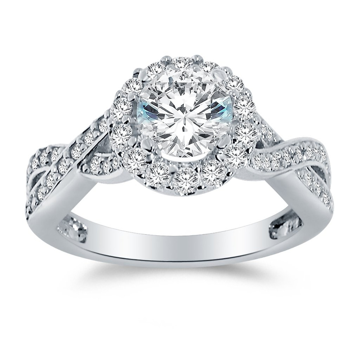 Size - 10-14k White Gold Round Infinity Twist Halo Cross Over Solitaire Engagement Ring CZ Cubic Zirconia (1.50cttw., 1.0ct. Center)