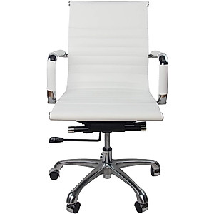 Fohfurniture White PU Leather Ergonomic Executive Office Desk Tark Chair, Mid Back Leather Height Adjustable Swivel Ribbed Chairs Conference Task Chair(Mid-Back, White)