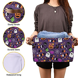 Happy Halloween Purple Storage Basket Fabric Kitchen Baskets Pumpkin Skull Ghost Bat Trick or Treat Open Home Storage Bins Boxes Foldable for Candy Toy Decorations Baskets 16×12×8 Inches
