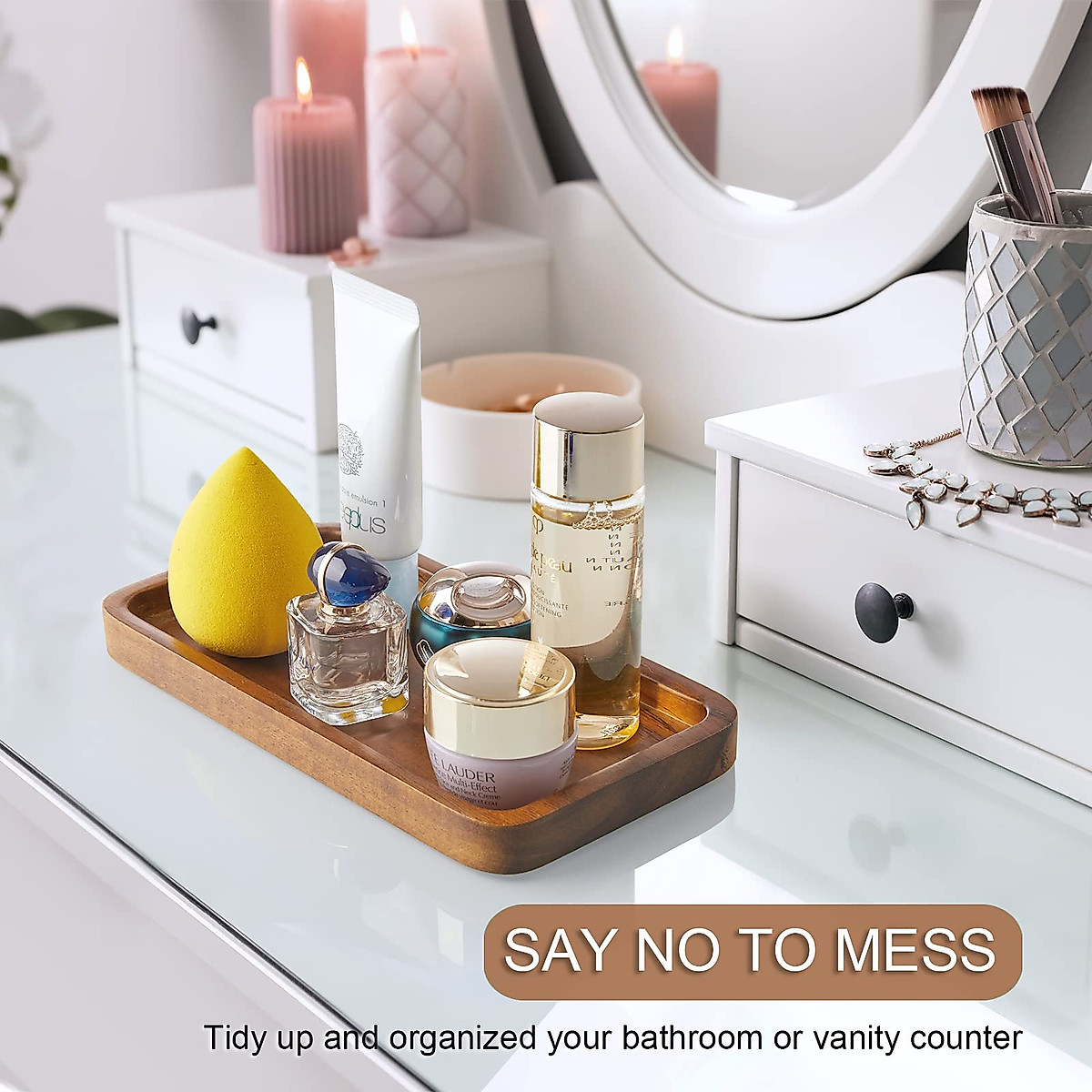 ALELION 6" Small Bathroom Vanity Tray for Counter - Acacia Wood Dish Soap Dispenser Tray for Kitchen - Rustic Decorative Tray for Dresser Tops Perfume Jewelry - Farmhouse Kitchen Decor Accessories