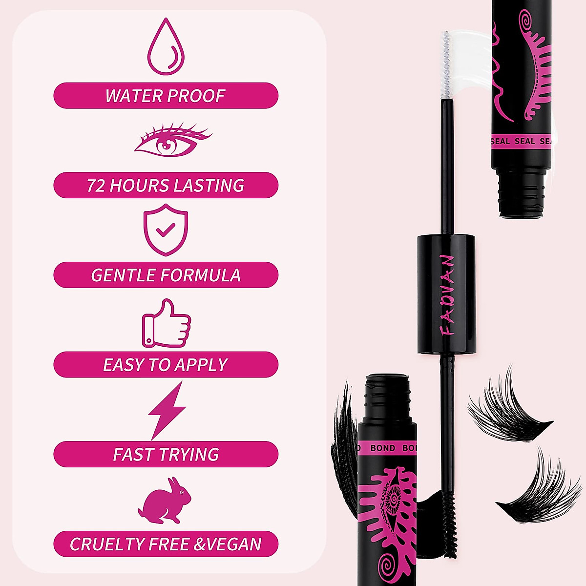 FADVAN Lash Bond and Seal Cluster Lashes Glue for Lash Clusters Individual Lashes Bond and Seal for 48-72 Hours Strong Gentle Latex Free Lash Adhesive for Sensitive Eyes (10ml)