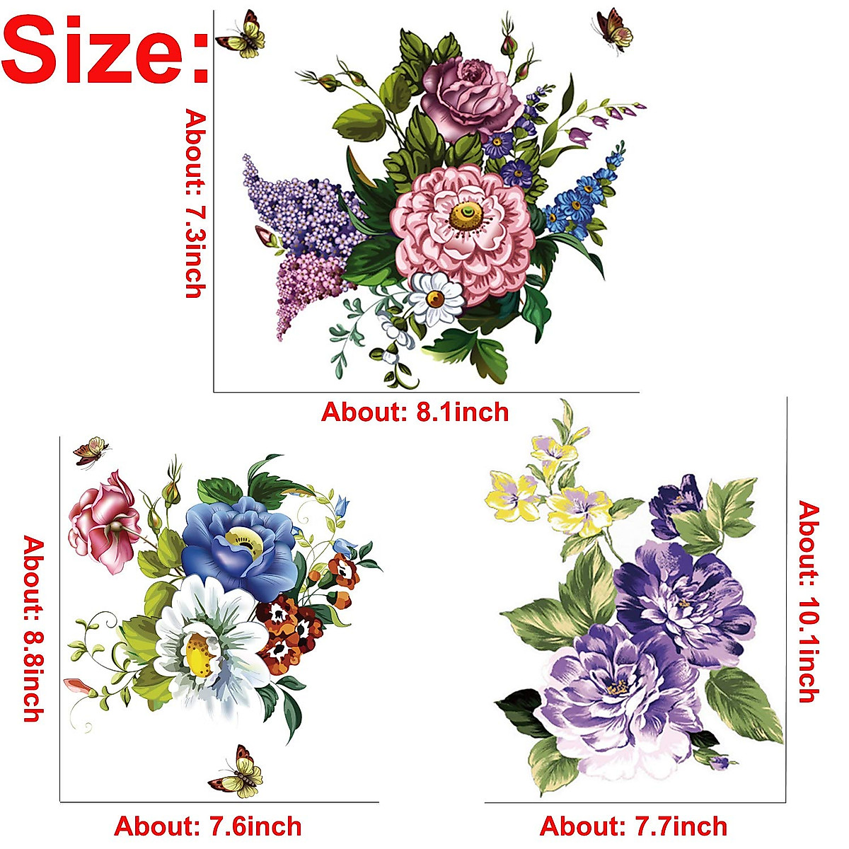 3Pcs Peony Rose Lavender Butterfly Flower Wall Stickers Beauty Flowers Decals Self Adhesive Removable Waterproof Vinyl Art Murals for Living Room Bedroom Toilet Restroom House DIY Decoration (Style D)