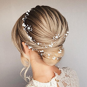 BEAYFILY Bridal Wedding Hair Vine,Extra Long Pearl and Crystal Beads Bride Head Piece,Silver Hair Accessories for Women and Girls (Silver)