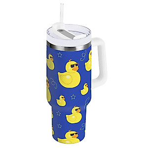 Doodle Cute Yellow Duck Blue Tumbler with Handle and Straw Lid, Cartoon Animal 40 oz Insulated Coffee Cup Stainless Steel Water Bottle Travel Mug Cupholder Friendly,Gifts for Women Men