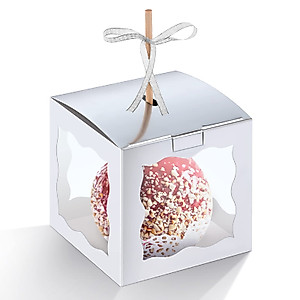 Dandat 50 Pieces 4 x 4 x 4 Inch Candy Apple Box with Hole and Stick Paper Caramel Apple Boxes Cookies Chocolate Gift Treat Boxes with Clear Windows Caramel Apple Containers for Wedding Christmas
