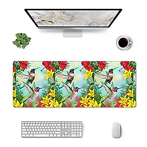 Hummingbirds On Hibiscus and Yellow Lilies Gaming Mouse Pad XL,Extended Stitched Edges Mousepad,Large Mouse Pads Desk Pad,Long Non Slip Rubber Base Desk Mat for Work,Office,Home,Computer,Laptop