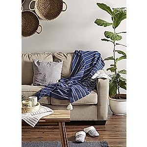 DII Striped Throw Collection Cotton Slub, Hand-Tied Tassels, 50x60, French Blue & Off-White